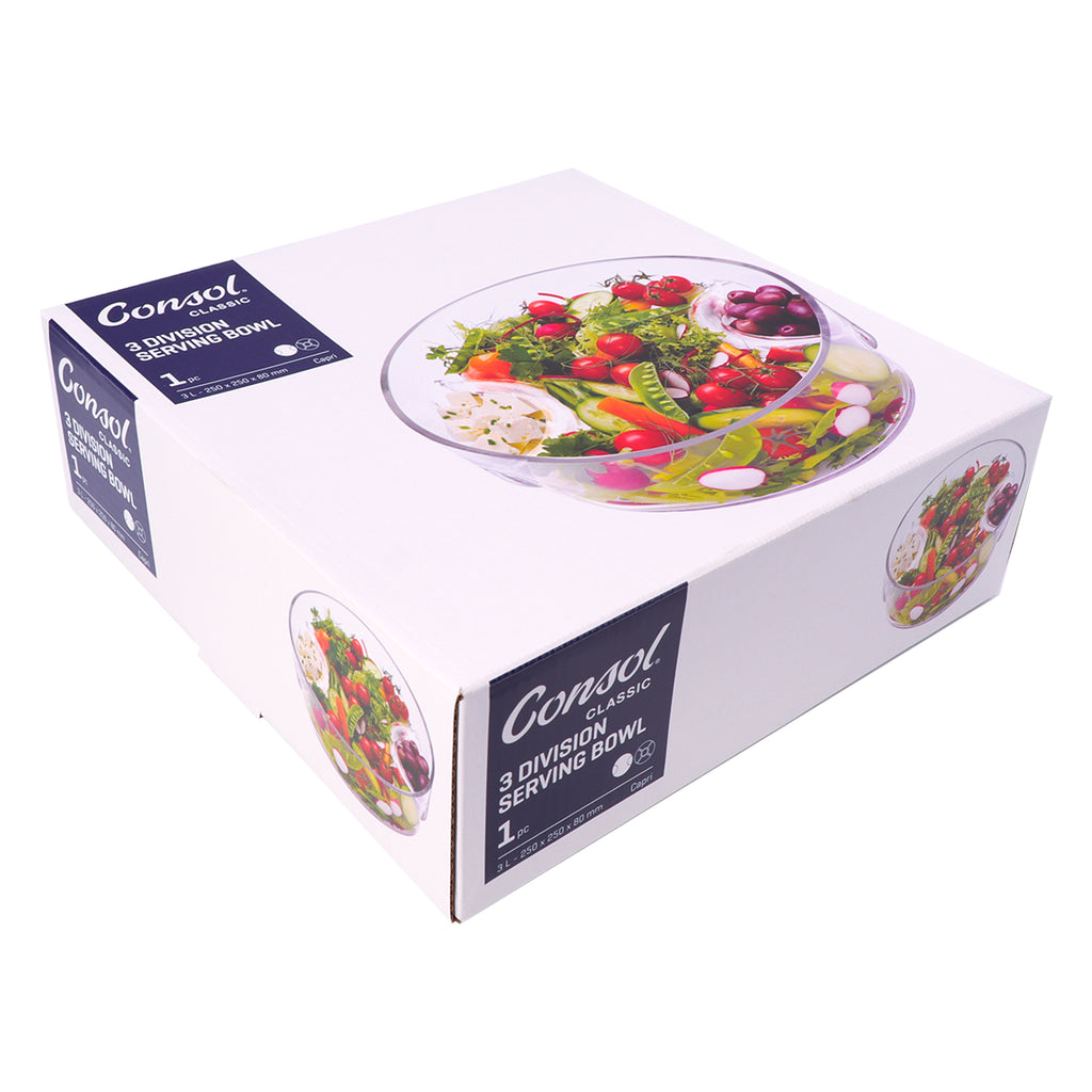 CONSOL GENOA GLASS SERVING BOWL WITH 3 SECTIONS, (250MM DIAX80MM) – HCS Home and Catering Suppliers