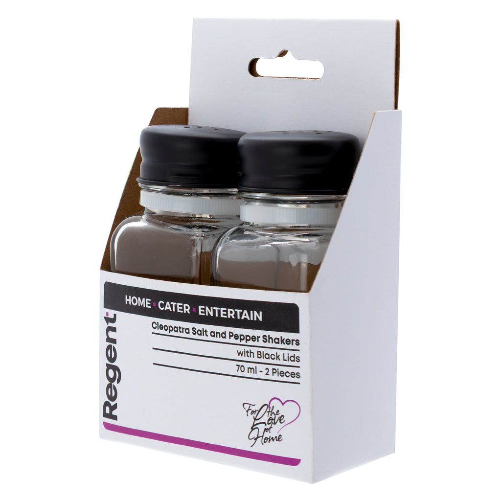 REGENT CLEOPATRA SALT & PEPPER GLASS SHAKERS WITH BLACK LIDS, 2 PIECE ...