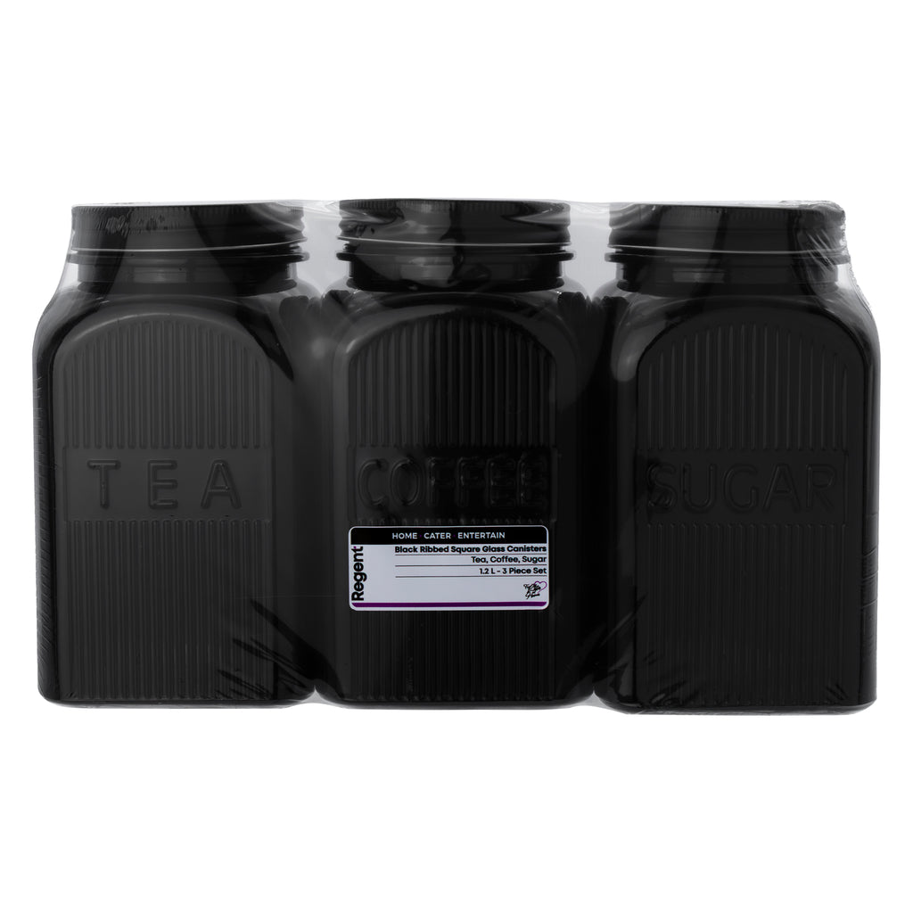 REGENT BLACK RIBBED SQUARE GLASS CANISTERS (TEA|COFFEE|SUGAR) 3PCS SET ...