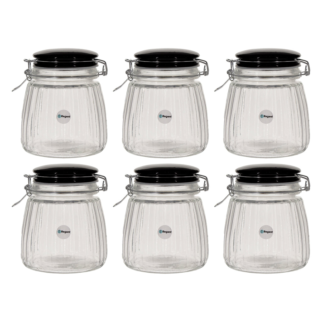 REGENT RIBBED HERMETIC GLASS CANISTER WITH BLACK CERAMIC LID AND METAL ...
