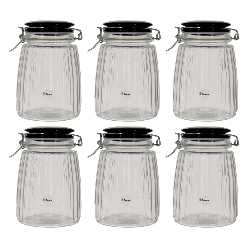 REGENT RIBBED HERMETIC GLASS CANISTER WITH BLACK CERAMIC LID AND METAL ...
