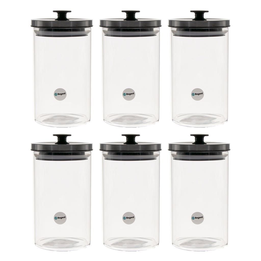 REGENT ROUND BOROCILICATE GLASS CANISTER WITH METAL LID AND BLACK KNOB ...
