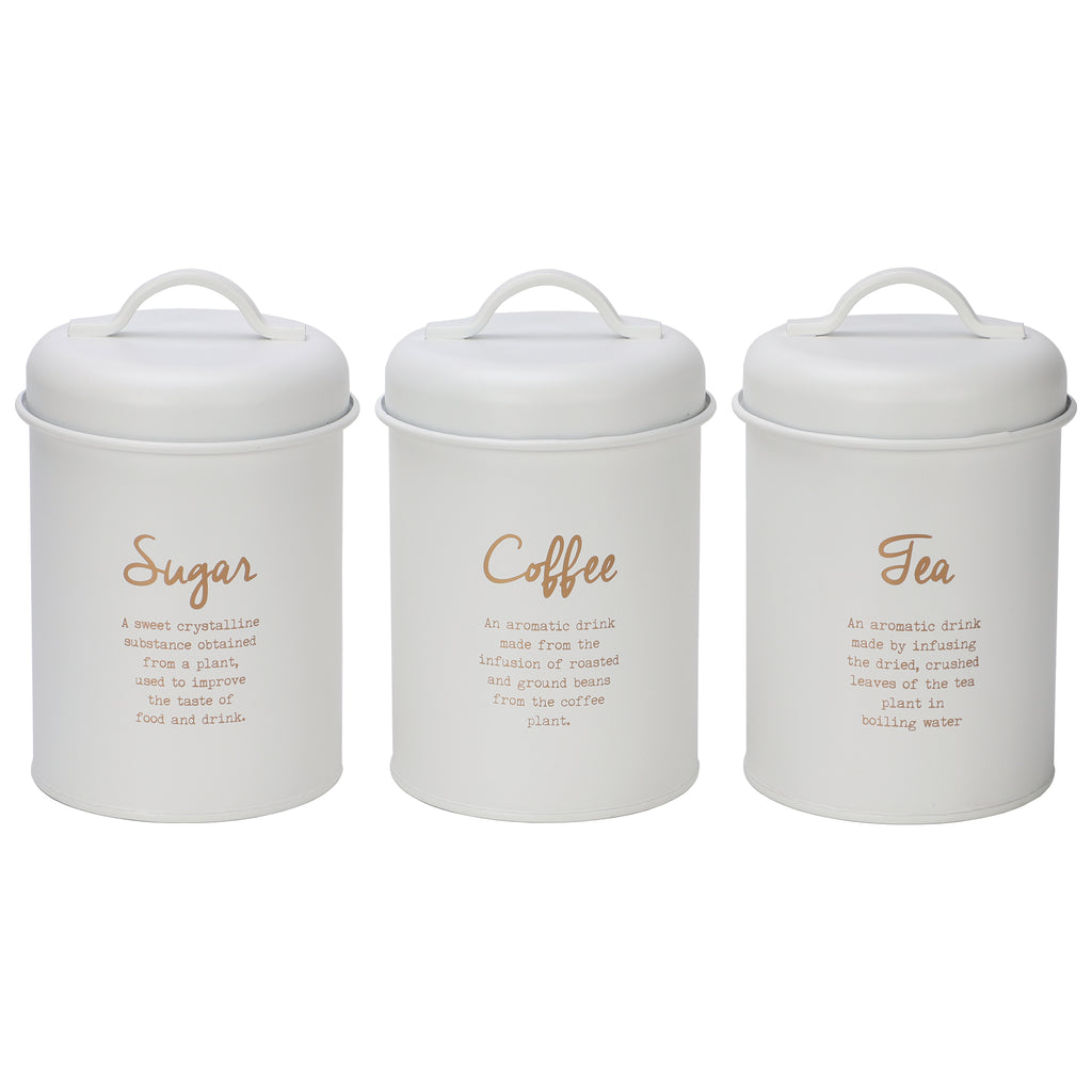 REGENT SUGAR, COFFEE AND TEA CANISTERS WHITE WITH GOLD PRINT 3PK SET ...