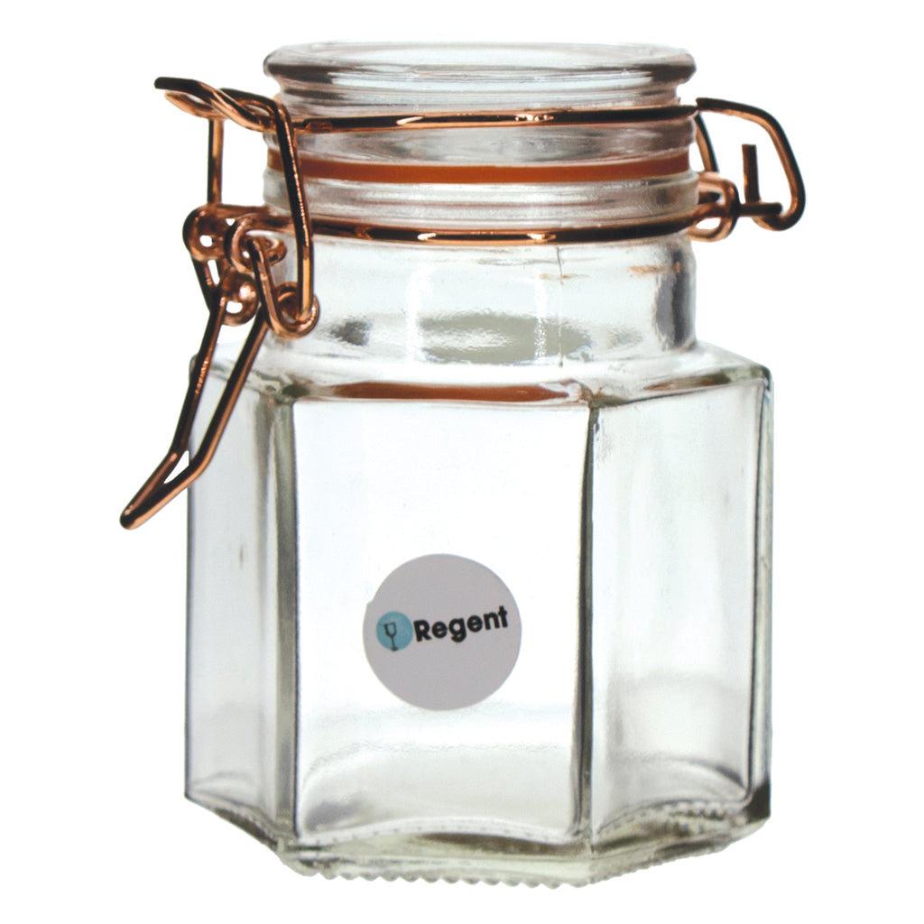 REGENT HERMETIC GLASS HEXAGONAL JARS WITH ROSE GOLD CLIP 6PK, 100ML ...