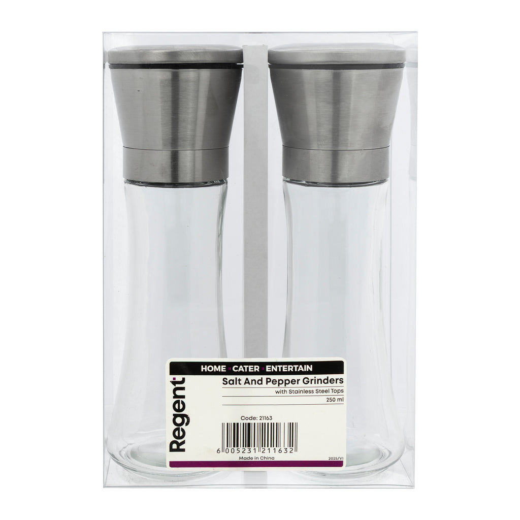 REGENT GLASS SALT AND PEPPER GRINDERS WITH ST.STEEL TOPS 2PK, 250ML ...