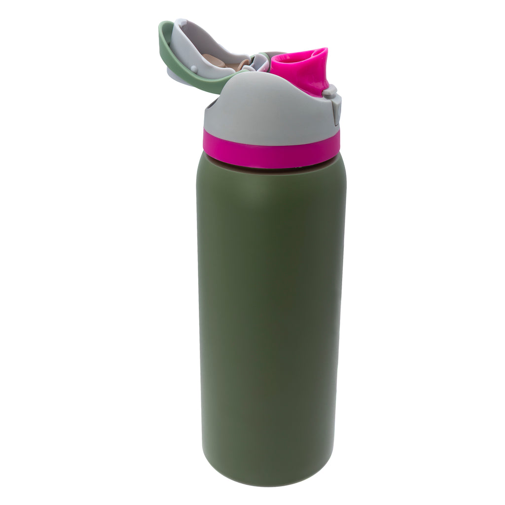 REGENT TRAVEL VACUUM FLASK STAINLESS STEEL WITH SIP STRAW OLIVE GREEN ...