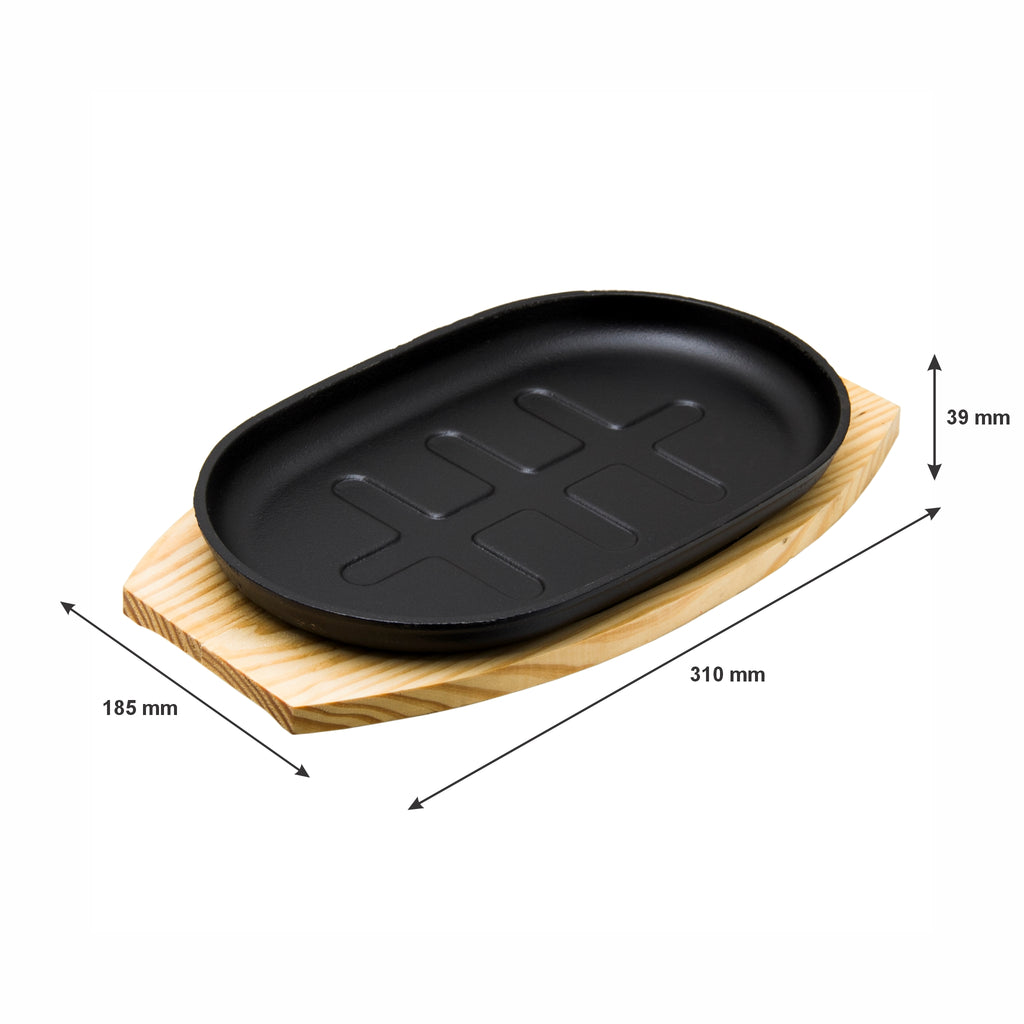 REGENT COOKWARE CAST IRON OVAL STEAK PLATE ON A WOODEN BOARD, (310X185 ...