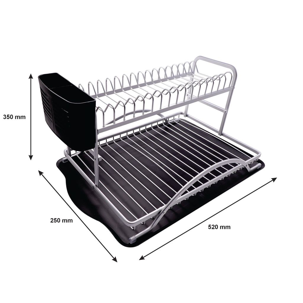 DOUBLE DISH RACK SILVER ALUMINIUM WITH BLACK PLASTIC UTENSIL HOLDER ...