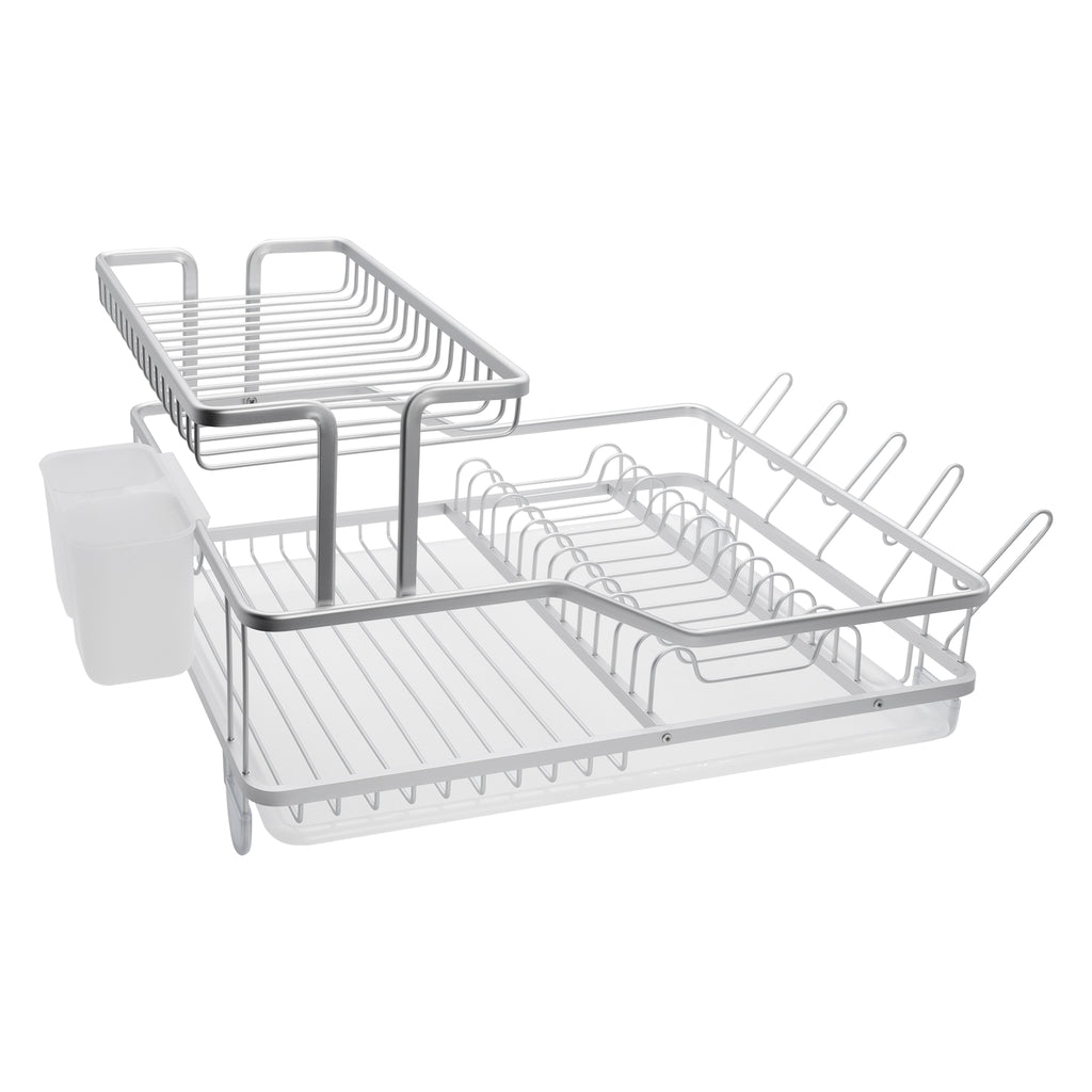 DOUBLE DISH RACK SILVER ALUMINIUM WITH OPAQUE PLASTIC UTENSIL HOLDER A ...