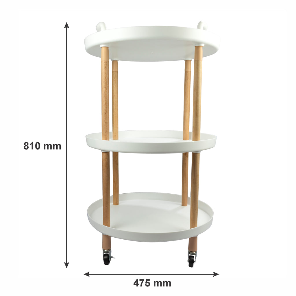 STORAGE RACK ROUND 3 SHELF WHITE PLASTIC AND WOOD ON CASTERS, 810X475M ...