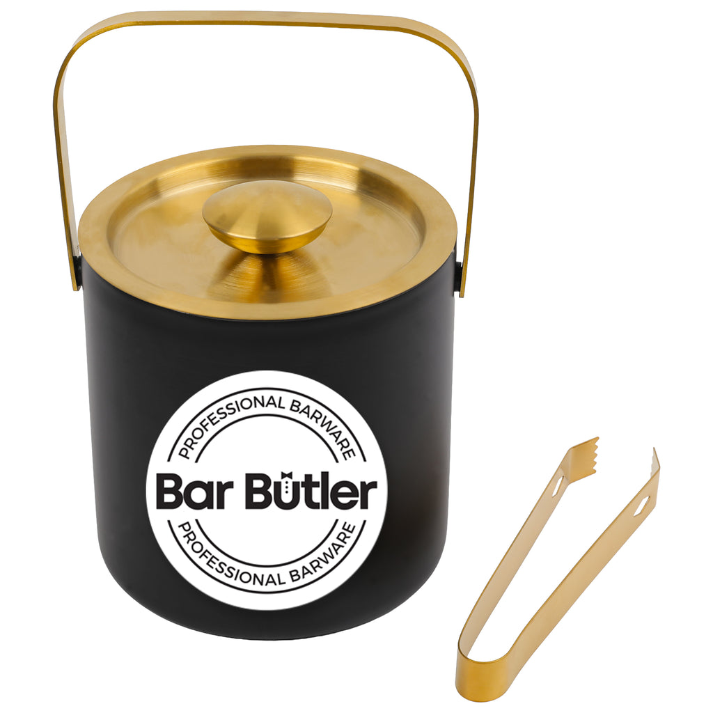 BAR BUTLER DOUBLE WALLED ICE BUCKET BLACK & GOLD WITH HANDLE, LID & TO ...
