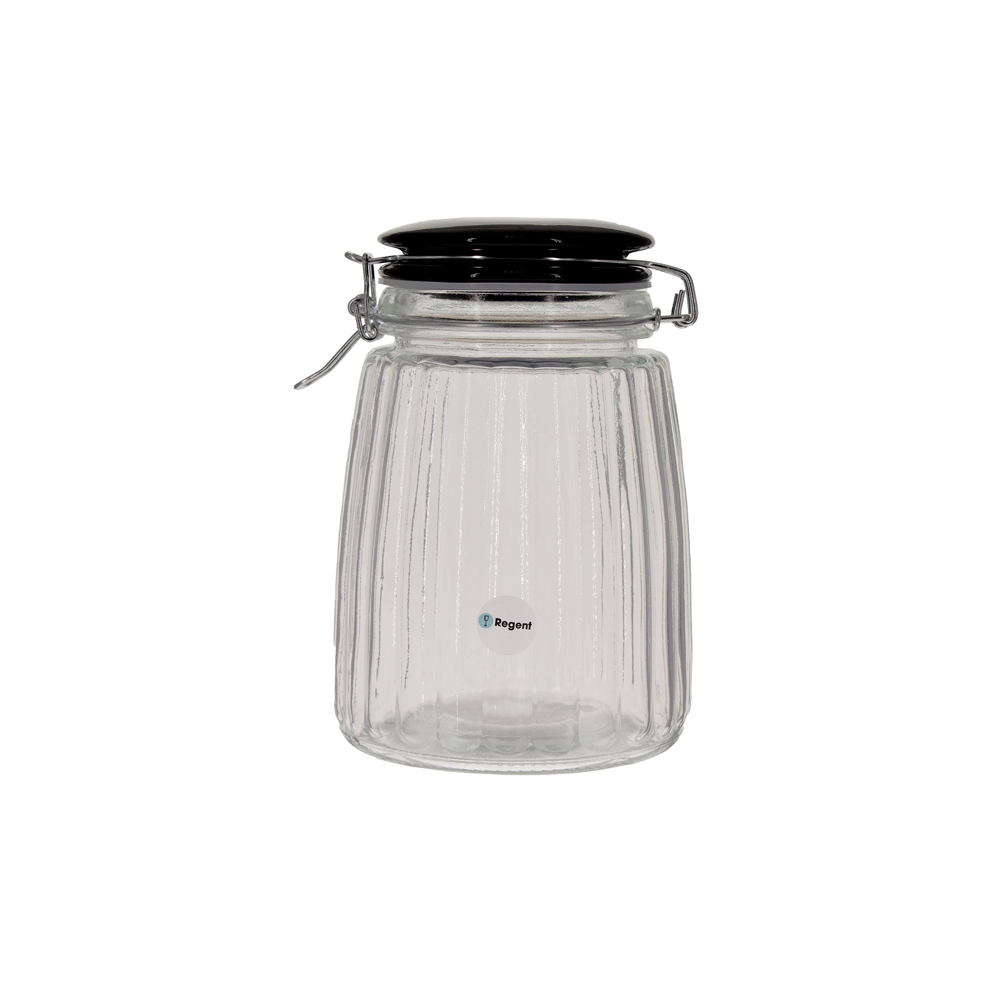 REGENT RIBBED HERMETIC GLASS CANISTER WITH BLACK CERAMIC LID AND METAL ...