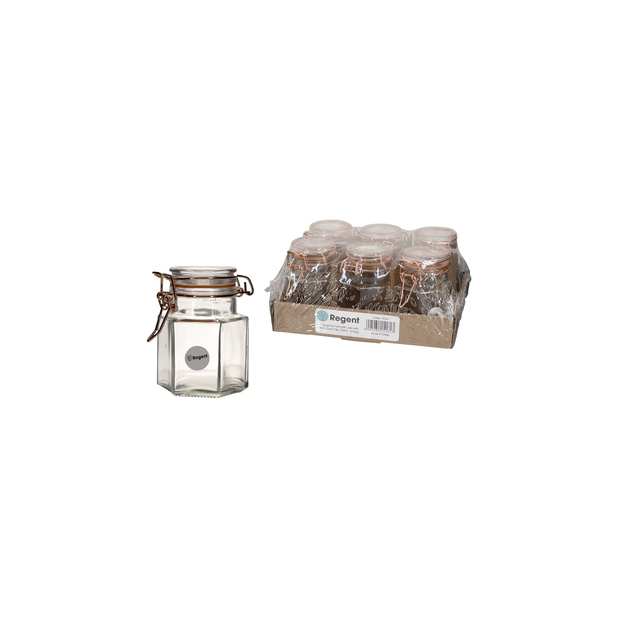 REGENT GLASS HEXAGONAL HERMETIC JARS WITH ROSE GOLD CLIP 6 PACK, 100ML ...